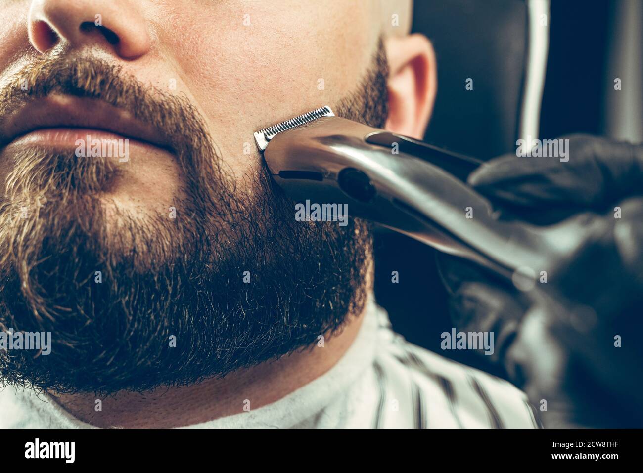 Barbershop client. Man getting his beard trimmed with electric razor ...