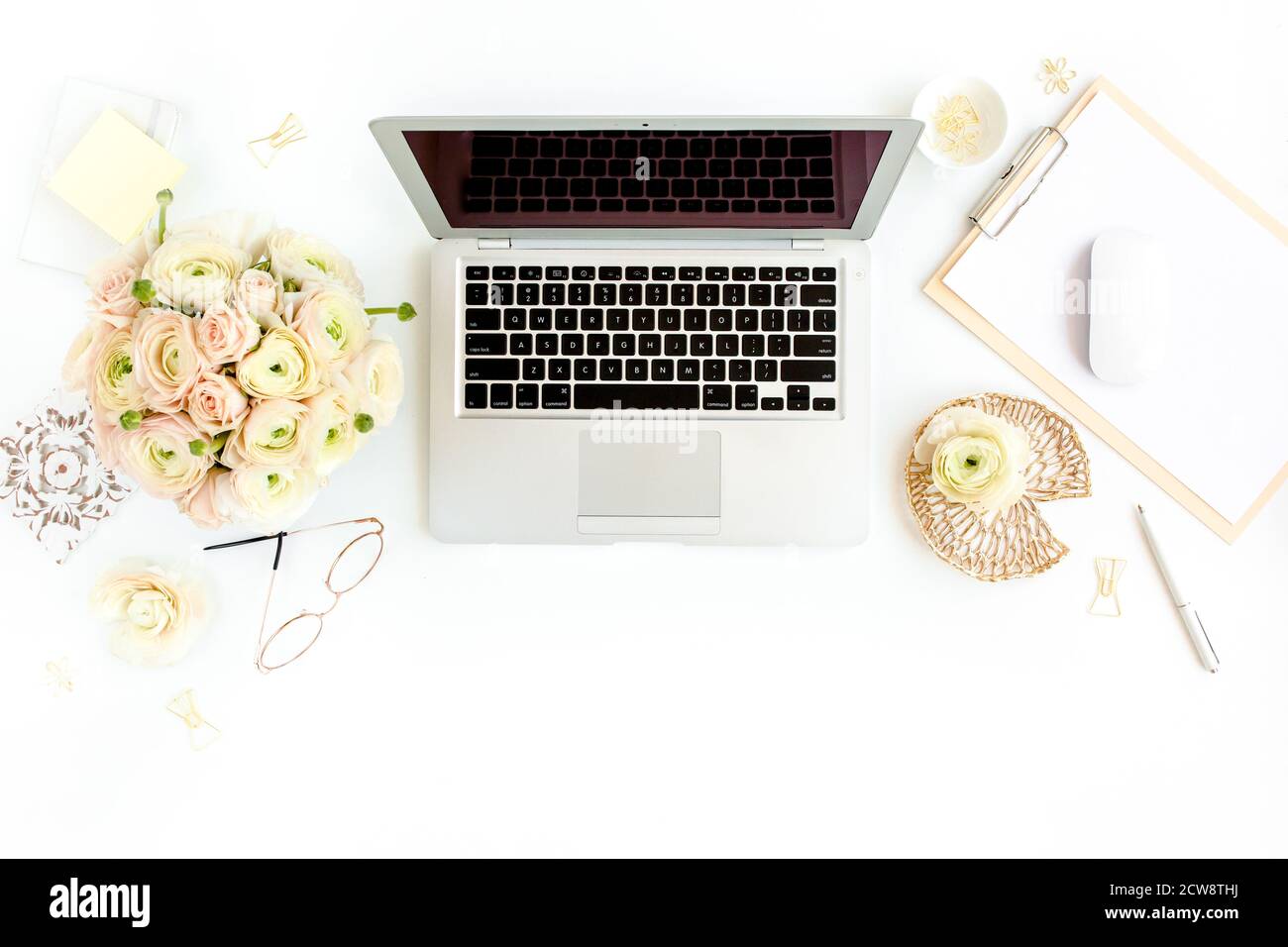 Stylized women's home office desk. Workspace with laptop, computer ...
