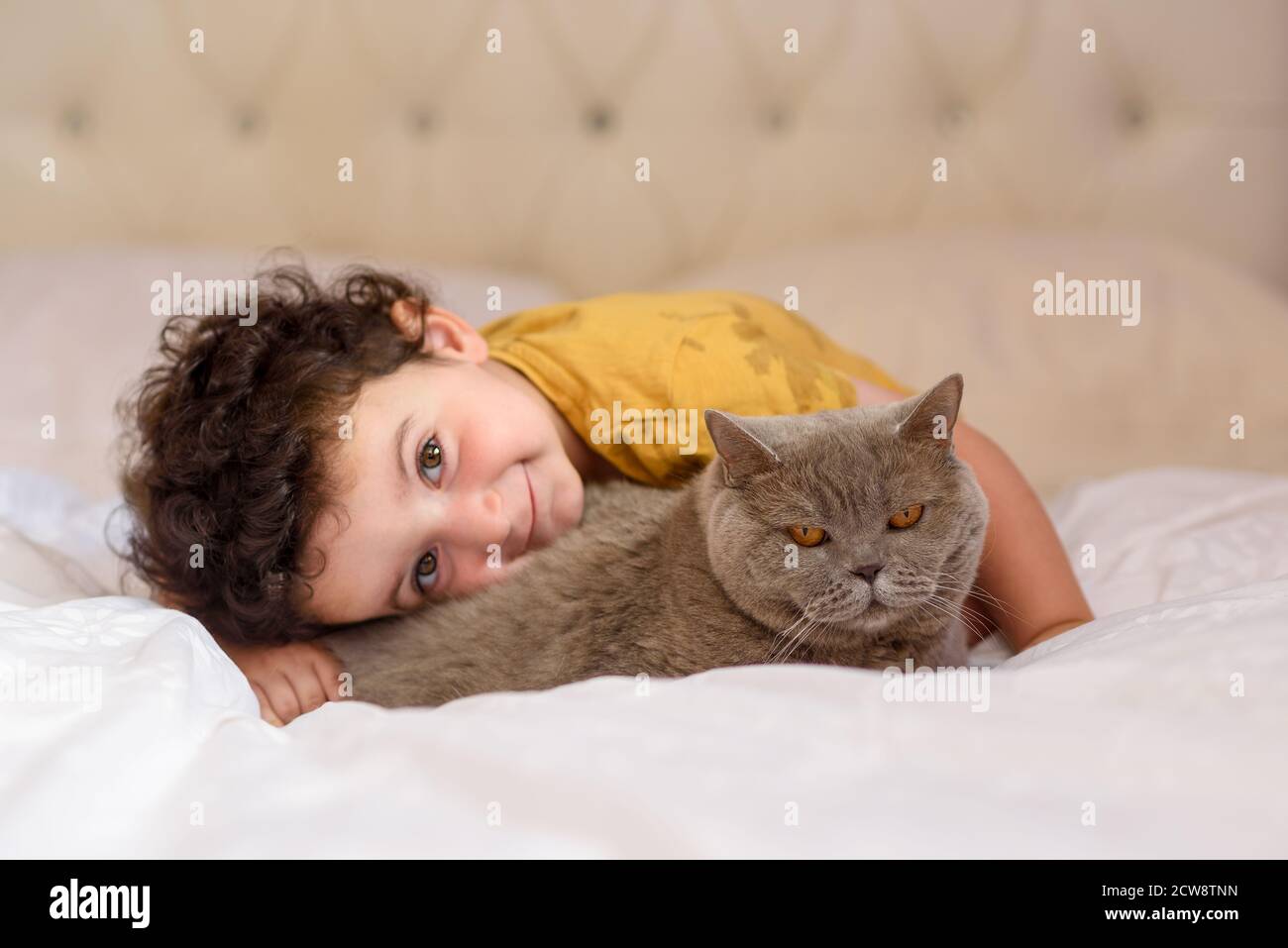 Little boy relaxing on the bed with his cat. Child is hugging a kitten ...
