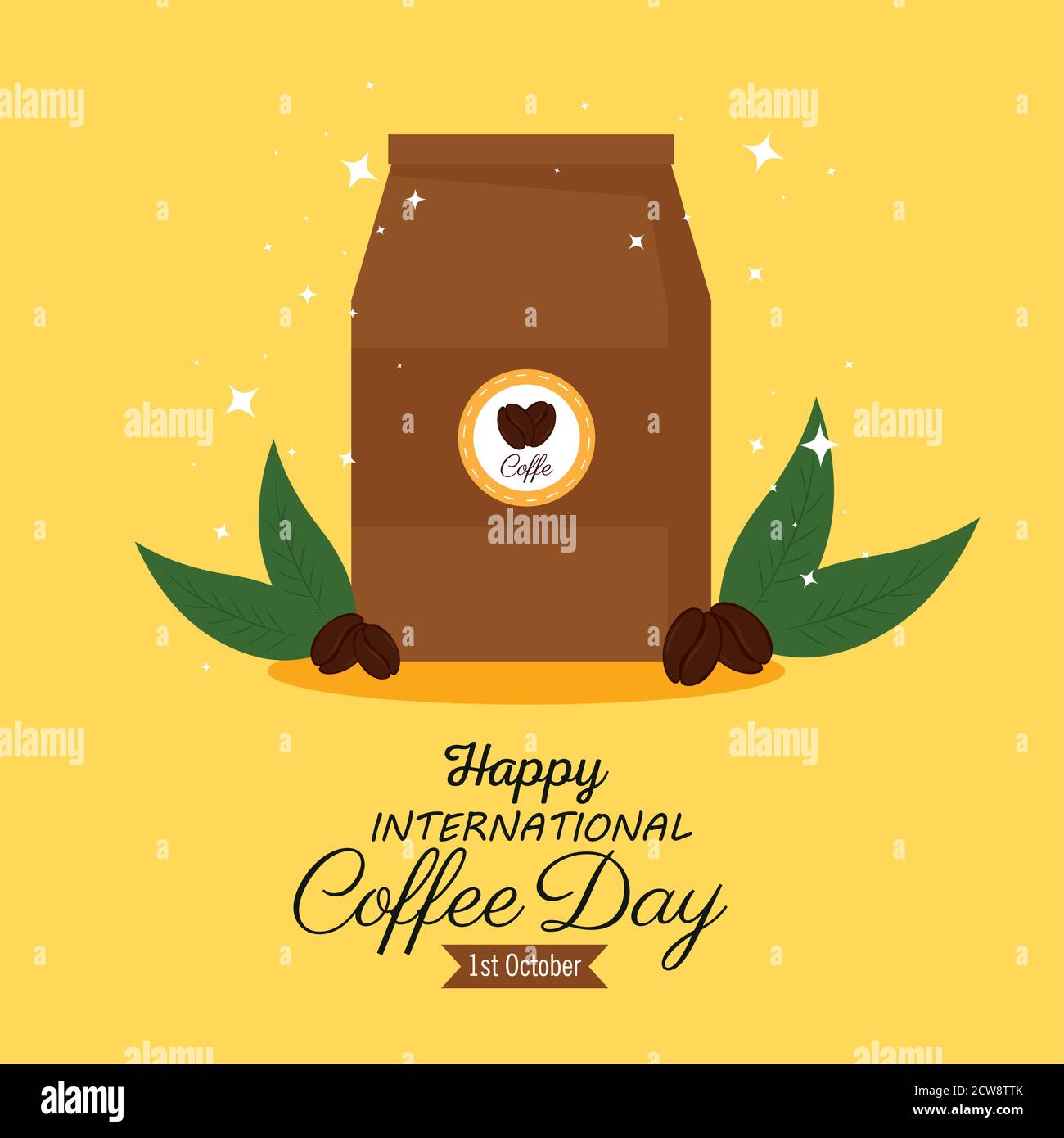 international coffee day poster, 1 october, with bag paper of coffee ...