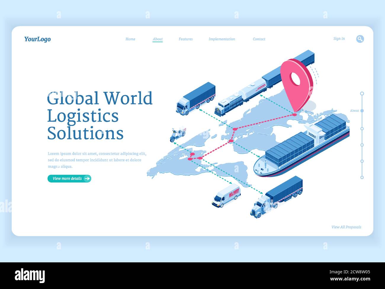 Global logistics solutions isometric landing page. Transport delivery ...