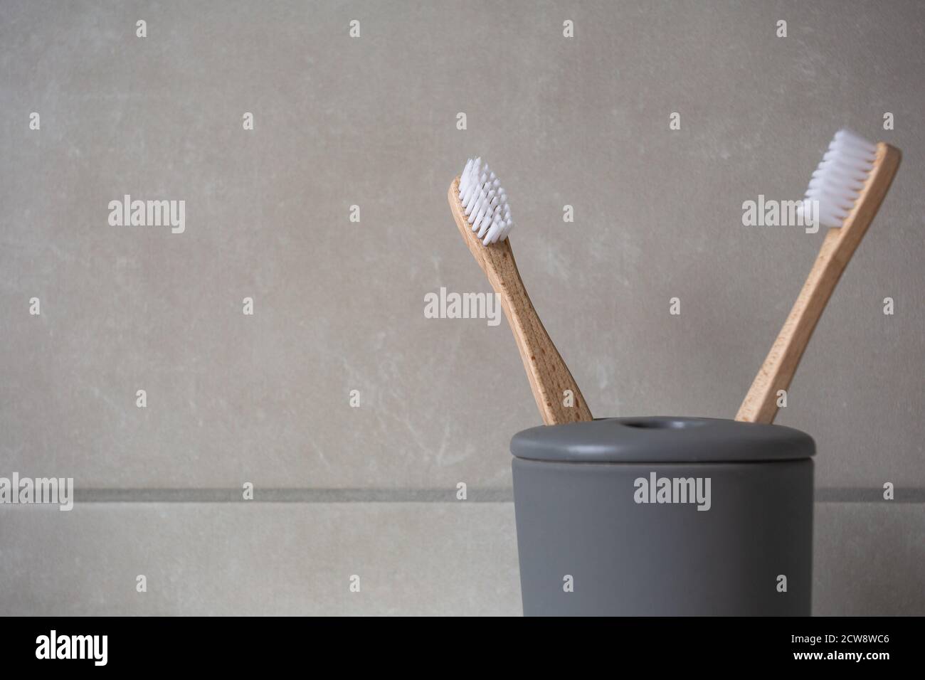 Eco Friendly bamboo natural organic toothbrushes in grey holder, with ...