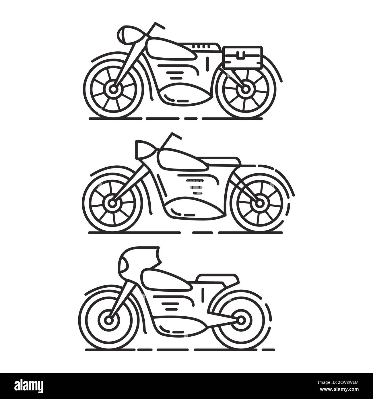 Set icon line motorcycles outline flat vector. Vehicle side view Stock ...