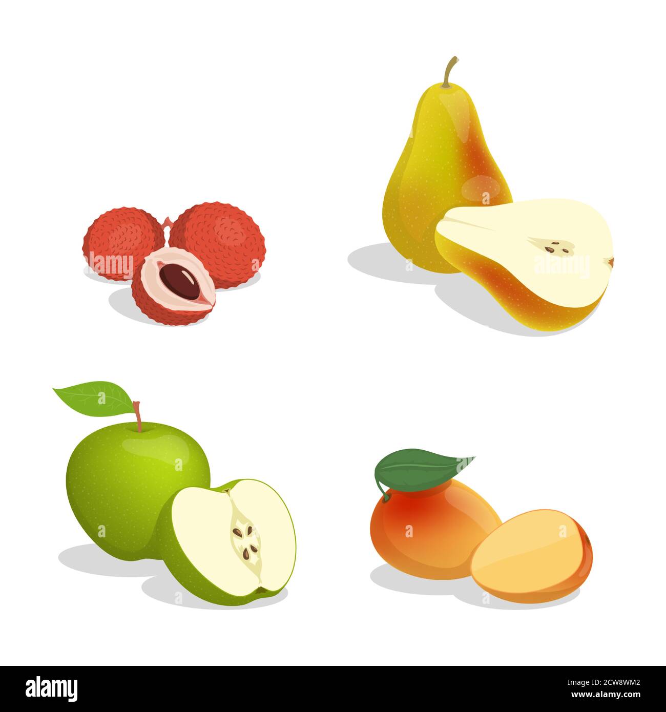 Lychee, pear, apple, and mango vector cartoon illustration isolated on ...