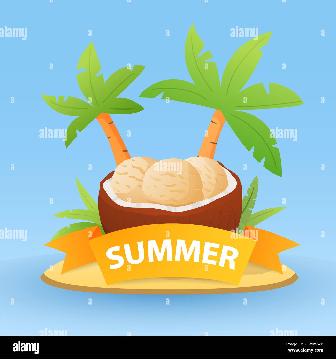 Summer sale banner.Coconut ice cream in in coco shells Stock Vector ...