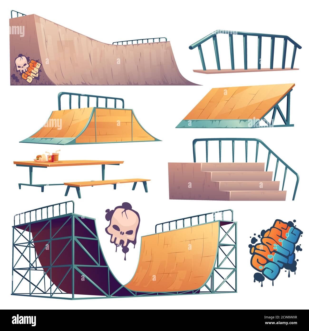 Skate park or rollerdrome constructions for skateboard jumping stunts ...