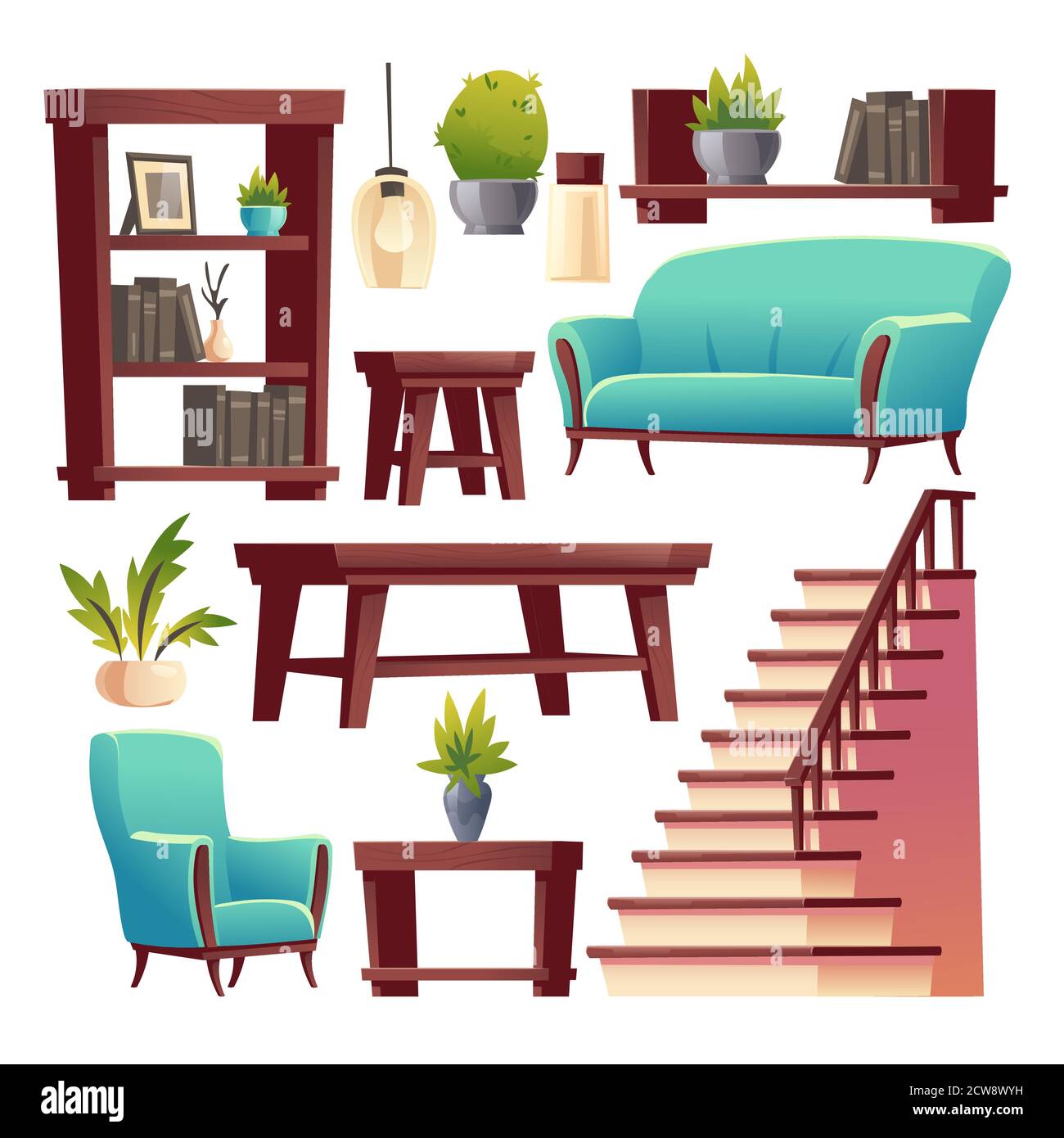 Rustic house hallway interior stuff set. Wooden stairs and furniture ...