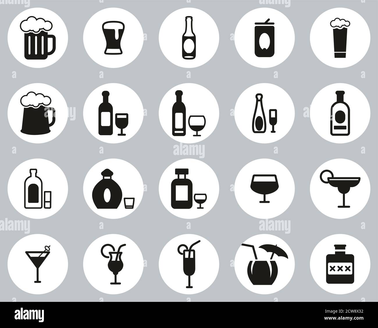 Alcoholic Drinks Icons Black & White Flat Design Circle Set Big Stock ...