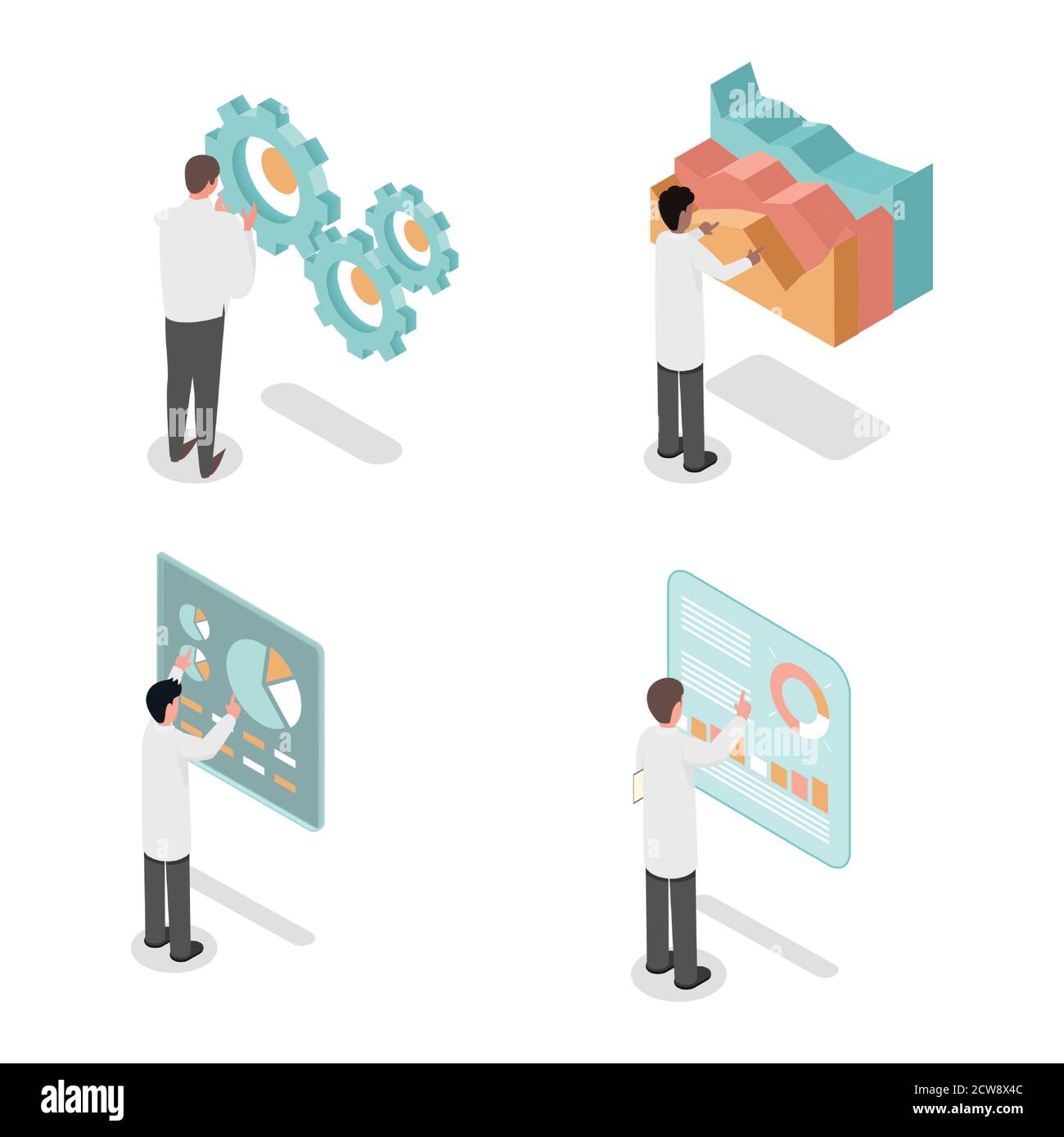 Young people developing, make inventions and analyzing data vector ...