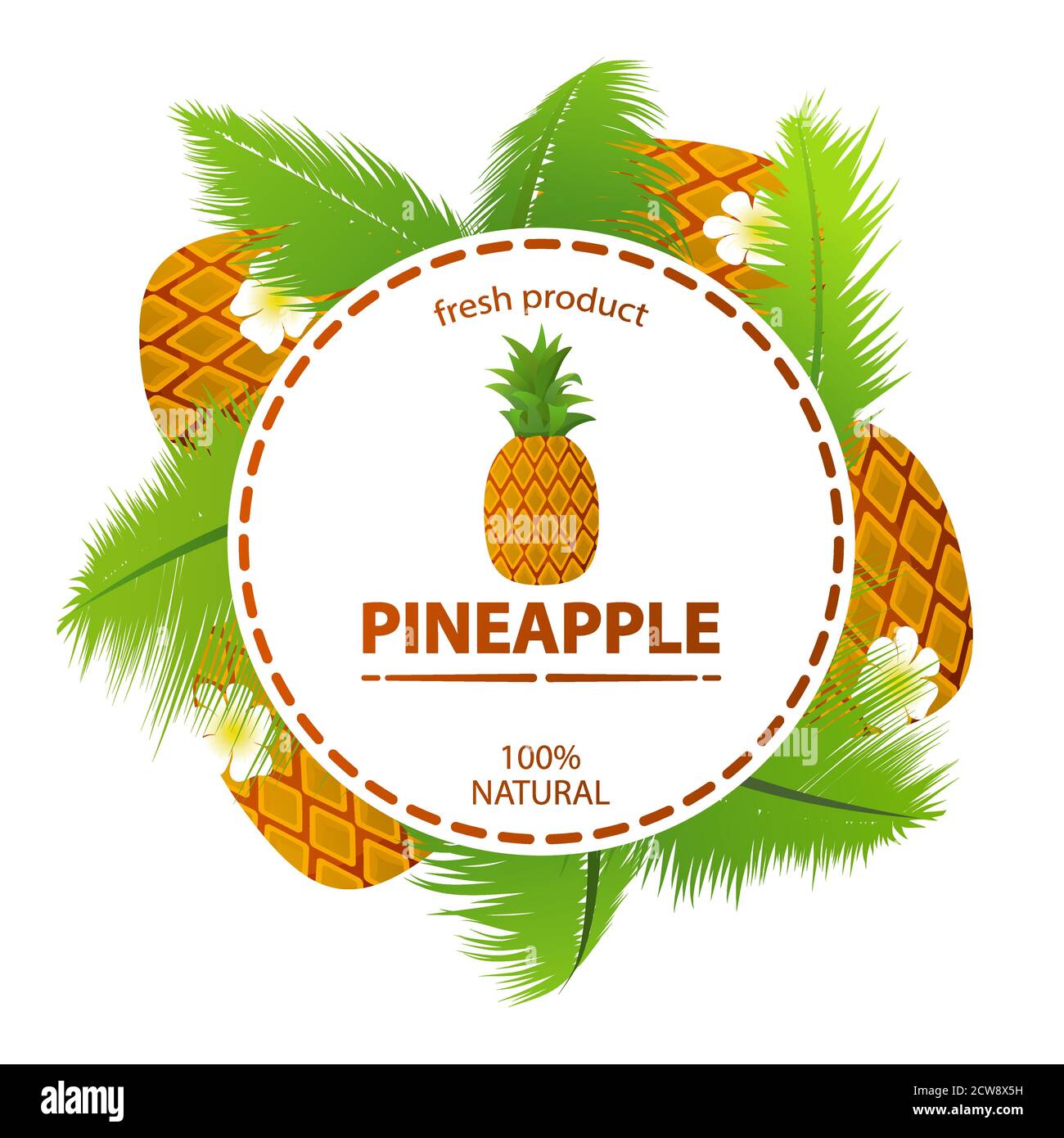 Tropical fruit pineapple and palm leaves around a circle label with ...
