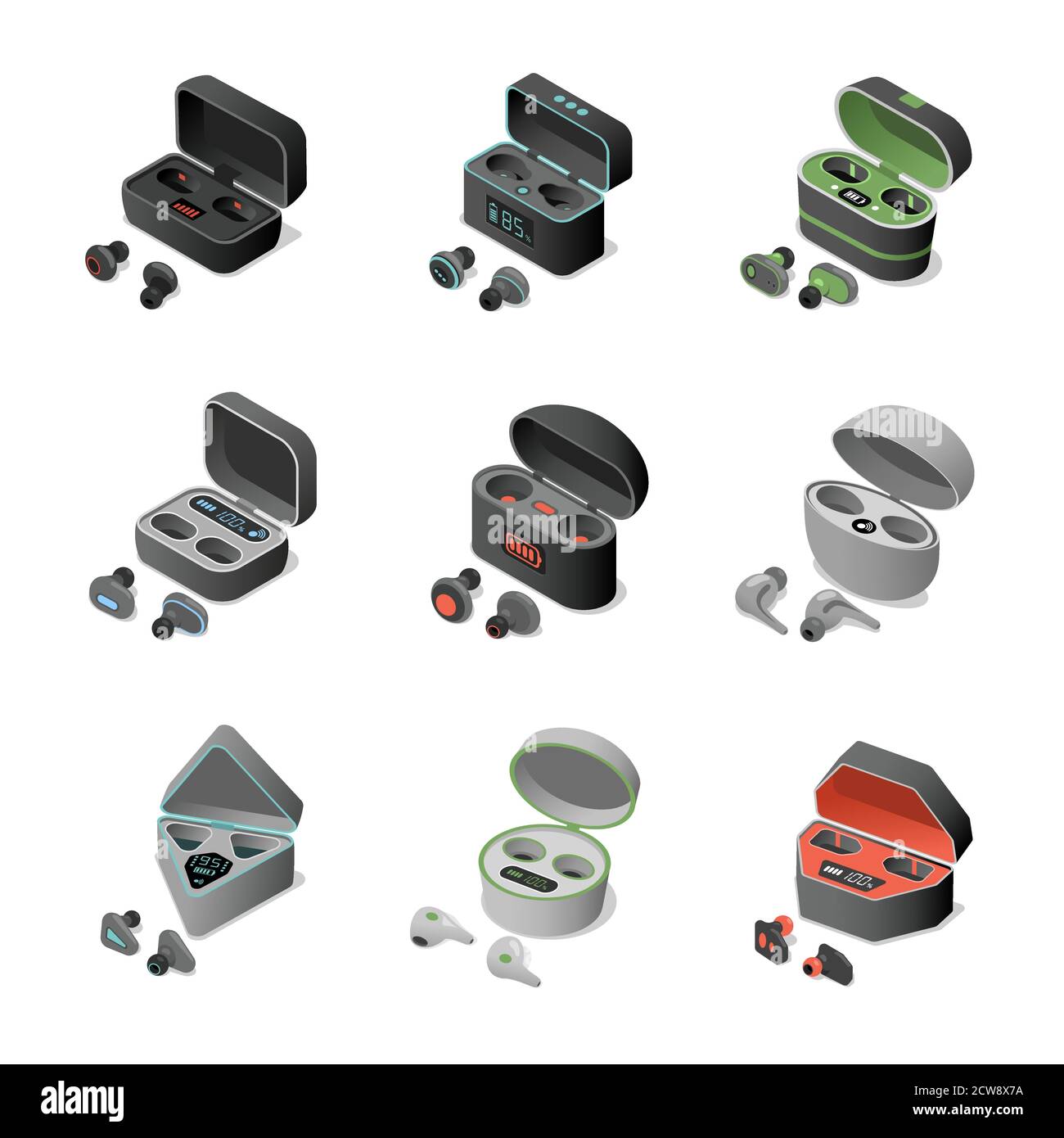 Set of different wireless headphones in rechargeable Bluetooth cases ...