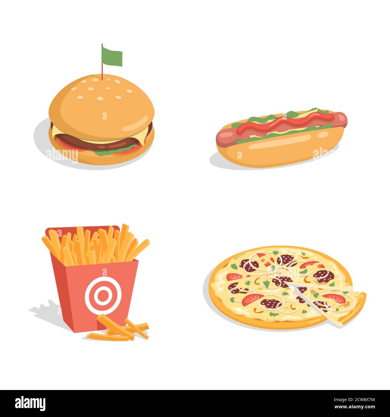 Cheeseburger, hot dog, French fries, and pizza vector flat cartoon ...