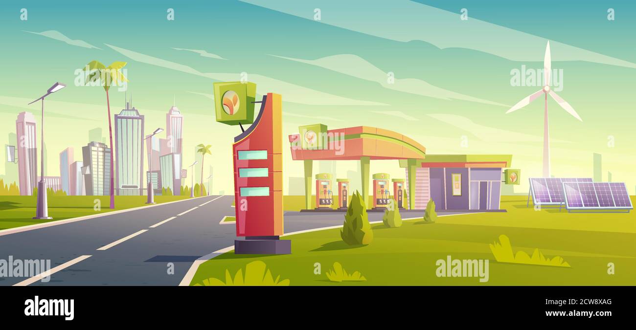 Eco gas station, green city car refueling service, nature friendly ...