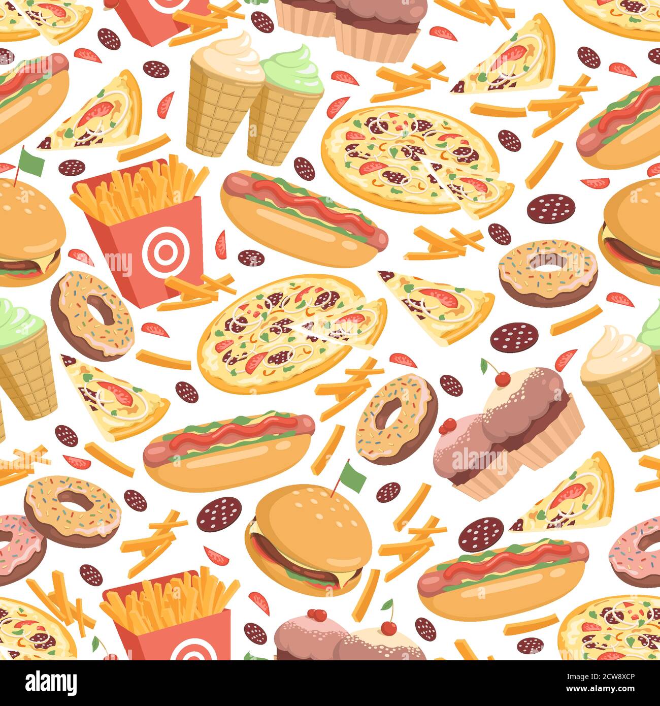 Fast food seamless pattern. Tasty and delicious cheeseburger, hot dog ...