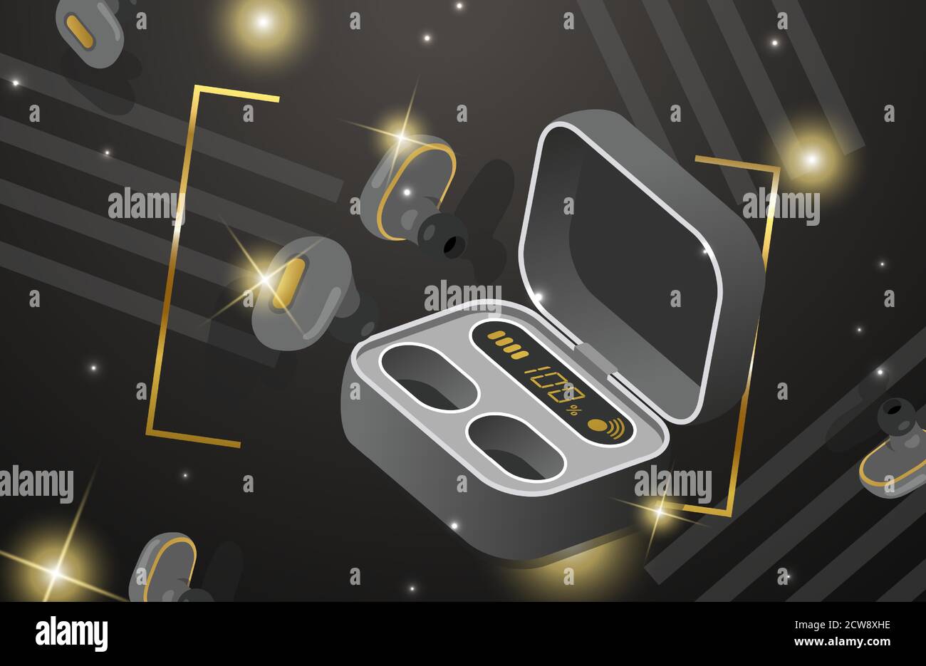 Wireless headphones and charging case for earbuds vector isometric ...