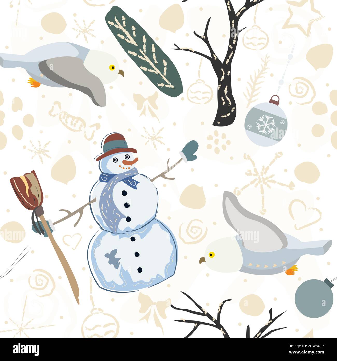 Seamless Winter Pattern with Snowman and Owls. Vector Illustration ...