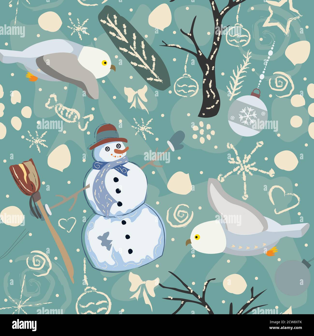 Seamless Winter Pattern with Snowman and Owls. Vector Illustration ...