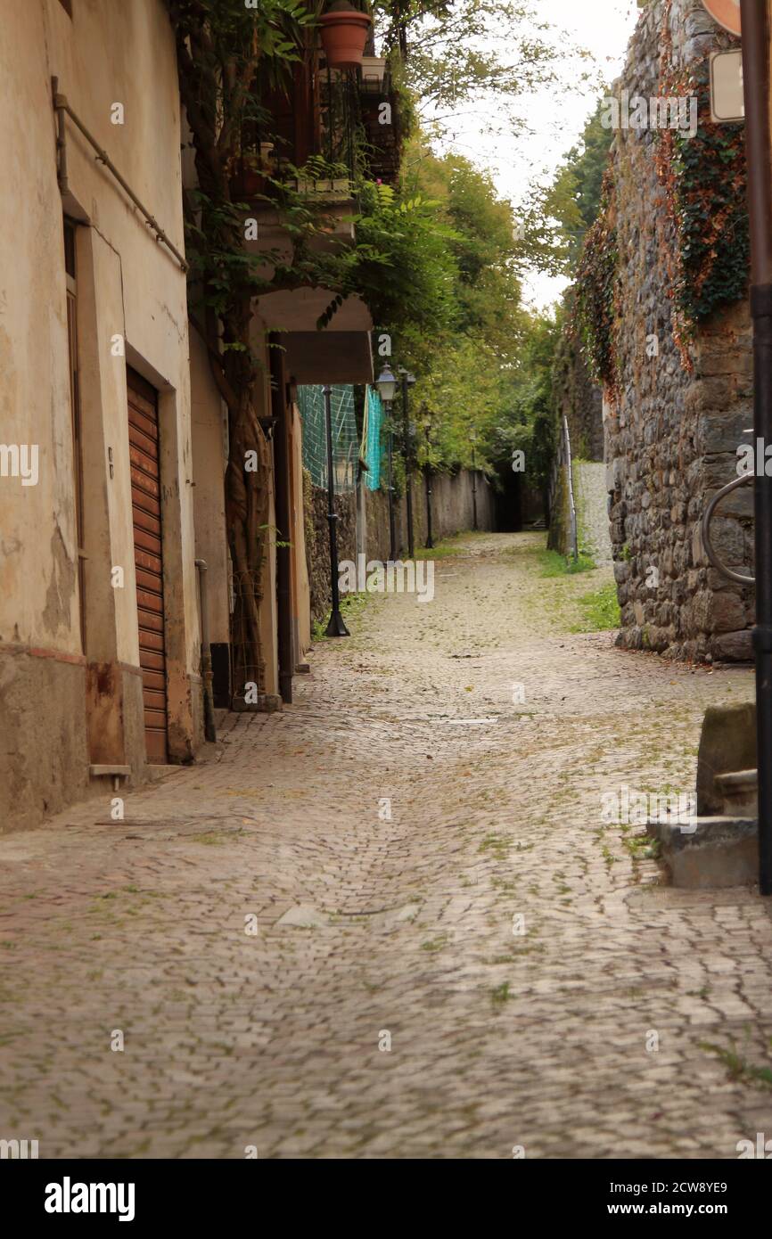 classic alley paved with the pavement of an Italian alpine village ...