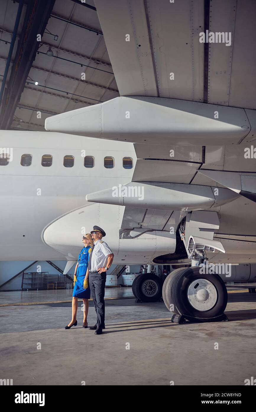 Female air hostess with captain looking to the sky while standing at ...