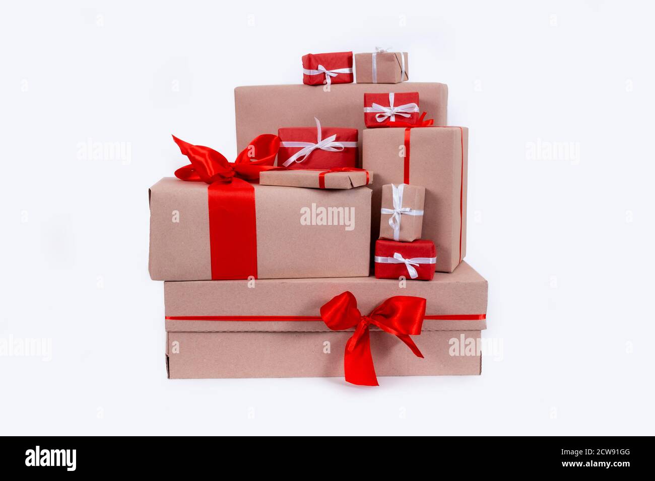 Red and Craft Packing boxes on the white background, Delivery concept ...