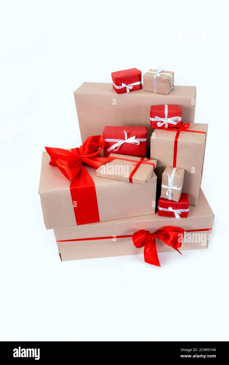 Red and Craft Packing boxes on the white background, Delivery concept ...
