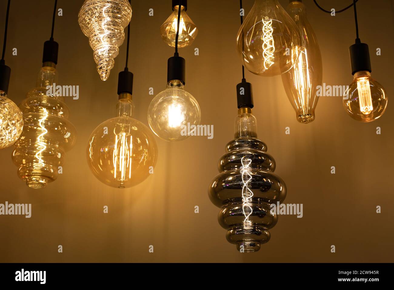 Beautiful vintage lamps with filament, set of light sources, backdrop ...