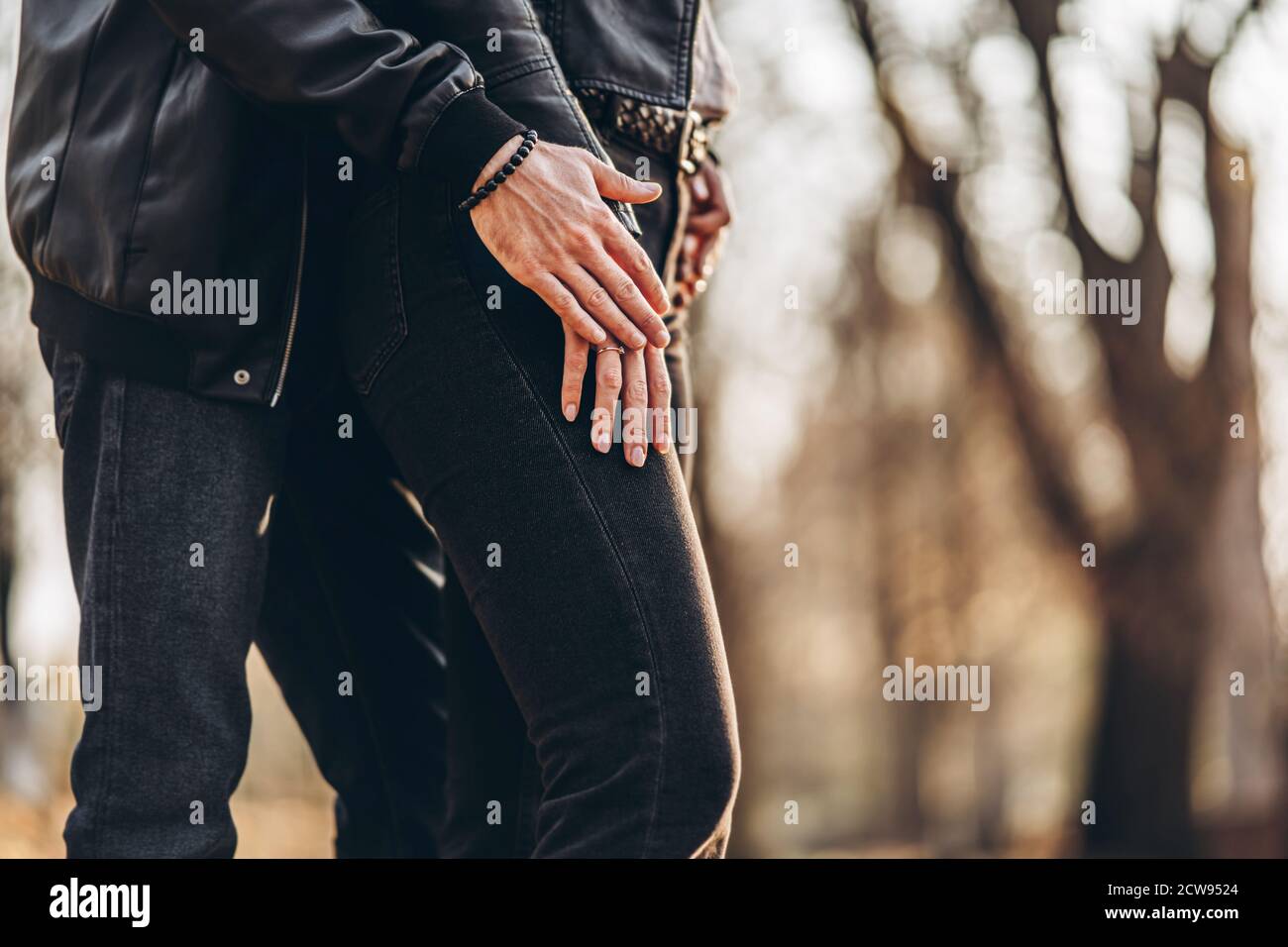 Lovely beautiful couple in the autumn park. Couple holding hands. Close ...