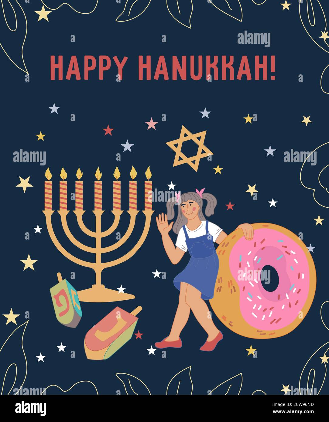 Jewish holiday Hanukkah greeting card template with child girl, flat ...