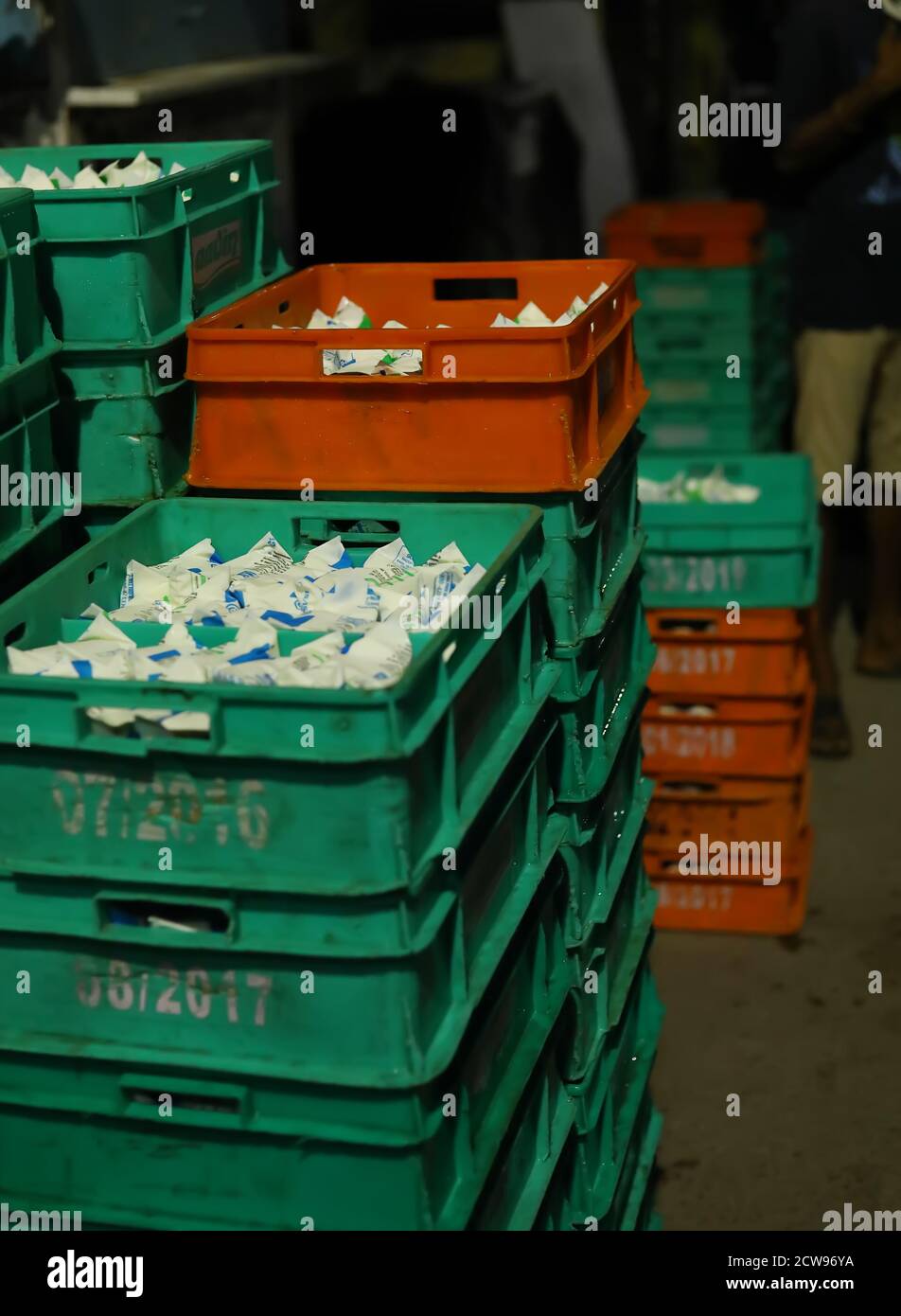 Milk Distribution, Morning Milk Delivery Closeup shot Stock Photo - Alamy