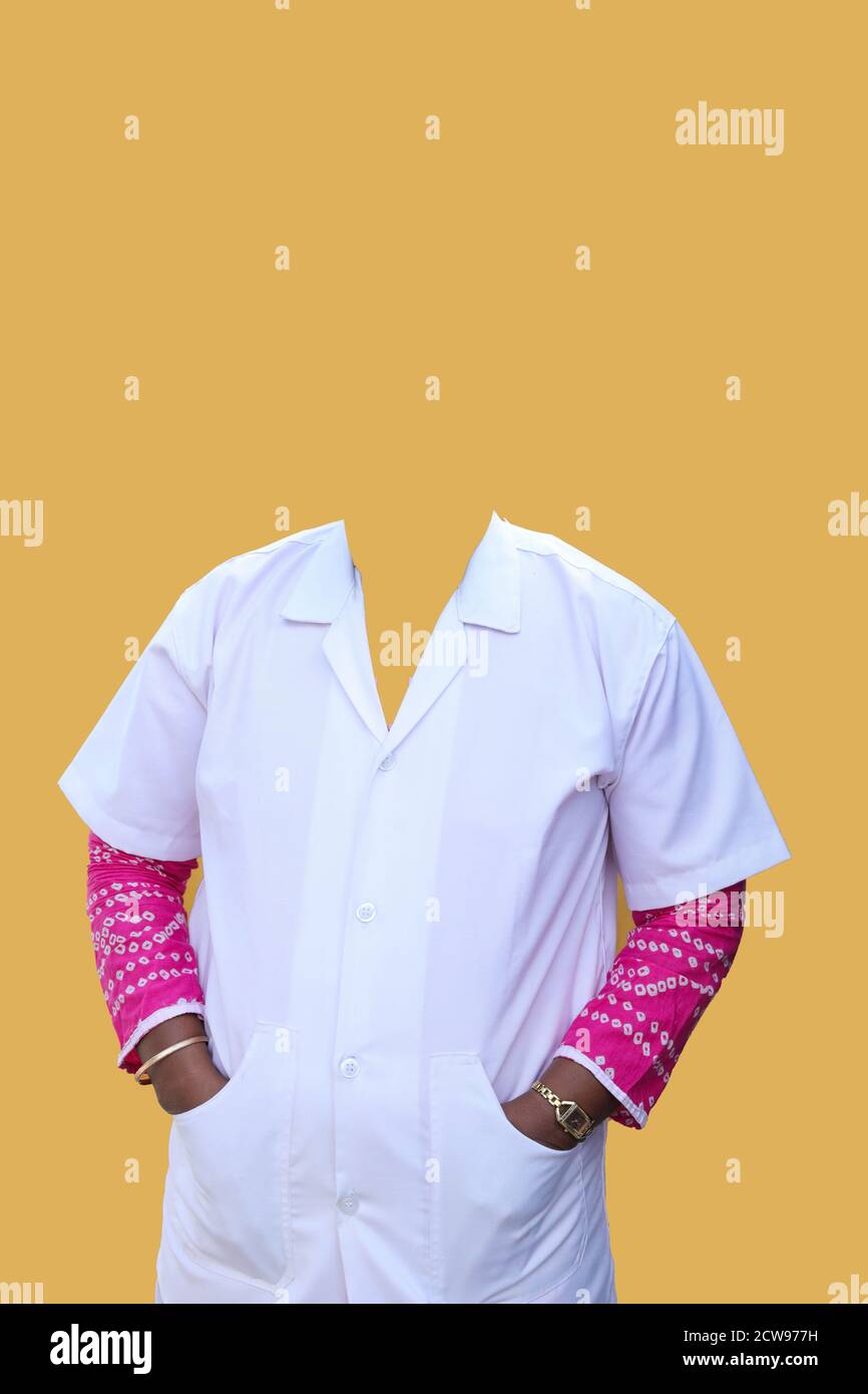 A medical doctor without face and hand in his white coat pocket on a ...