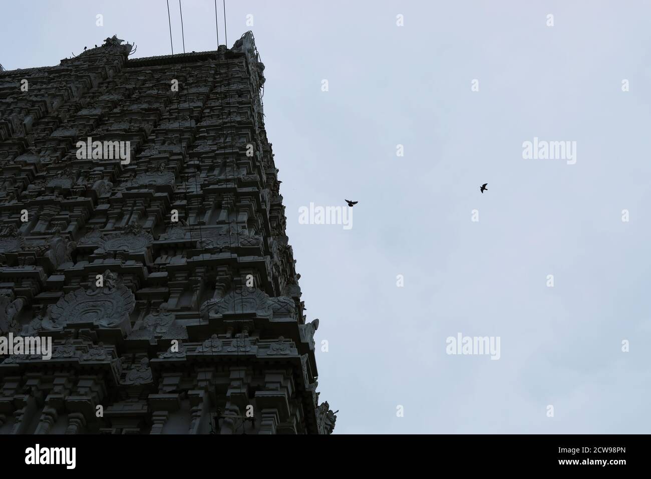 Beautiful view of the tower in the Hindu temple with birds flying on ...