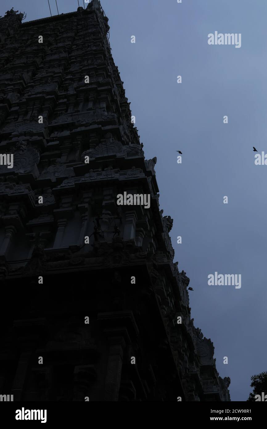 Beautiful view of the tower in the Hindu temple with birds flying on ...