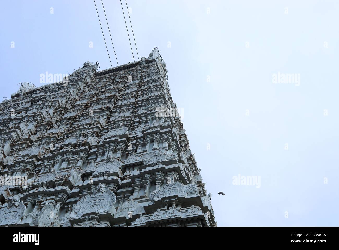 Beautiful view of the tower in the Hindu temple with birds flying on ...