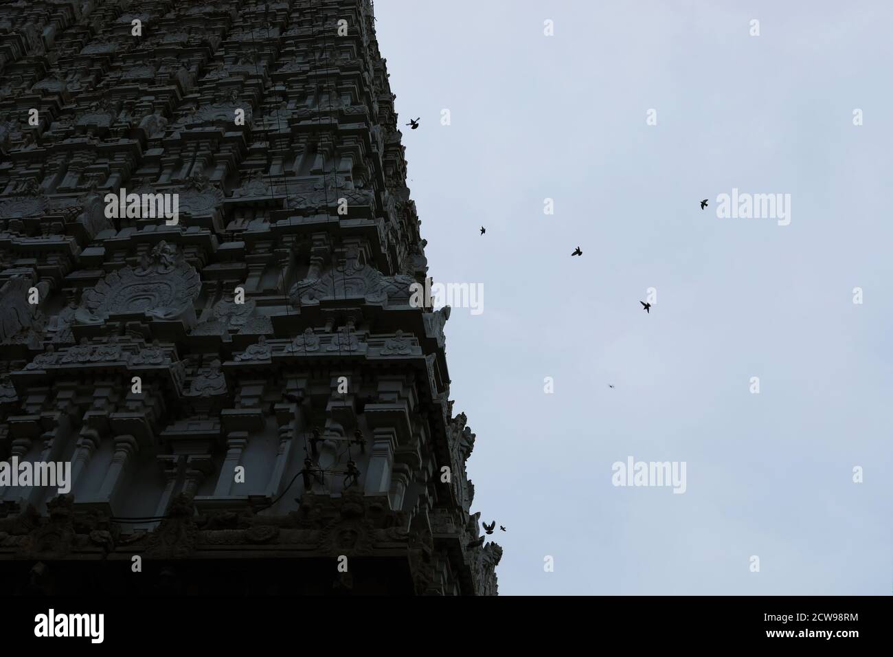 Beautiful view of the tower in the Hindu temple with birds flying on ...