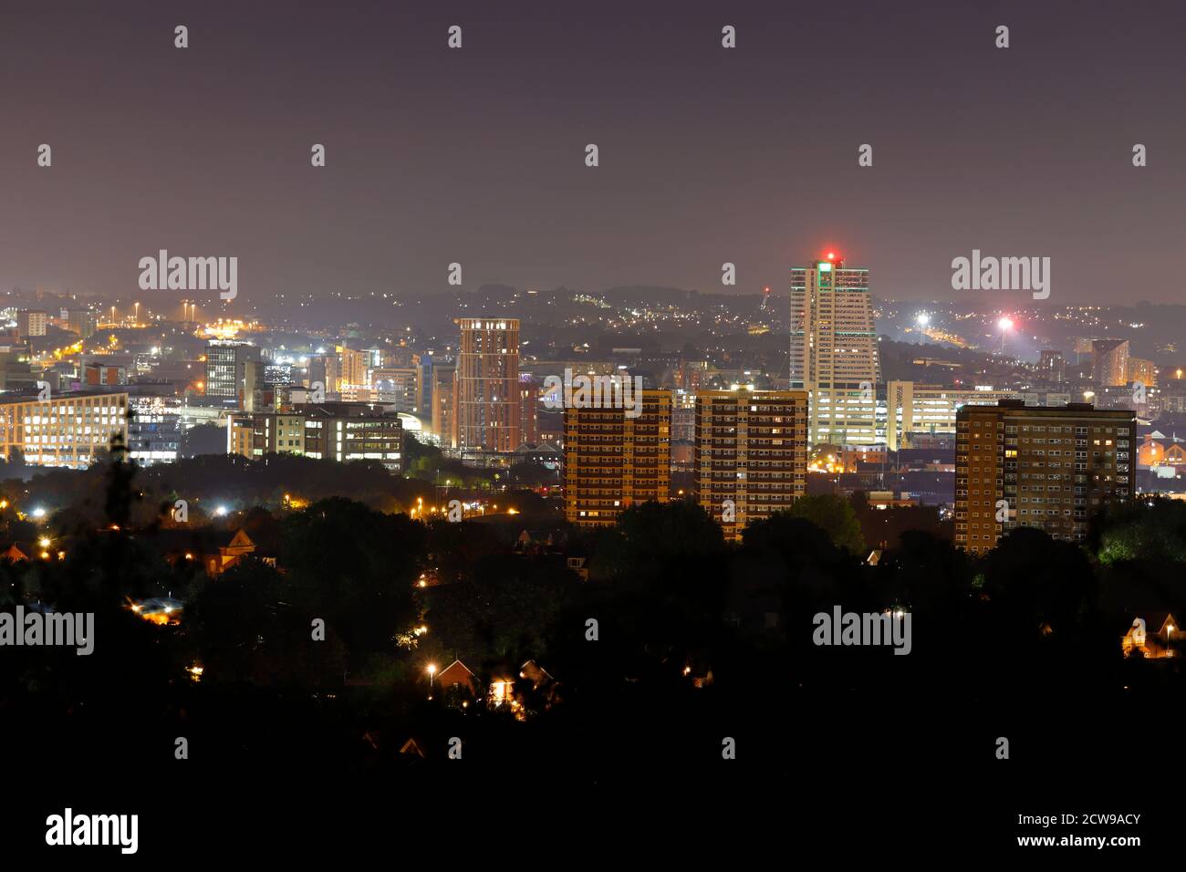 Leeds skyline at night in September 2020. Old and new high rise ...