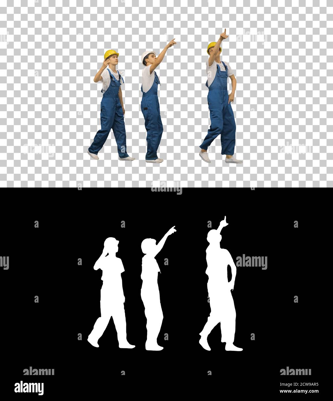 Three young construction workers doing a funny row dance touchin Stock ...