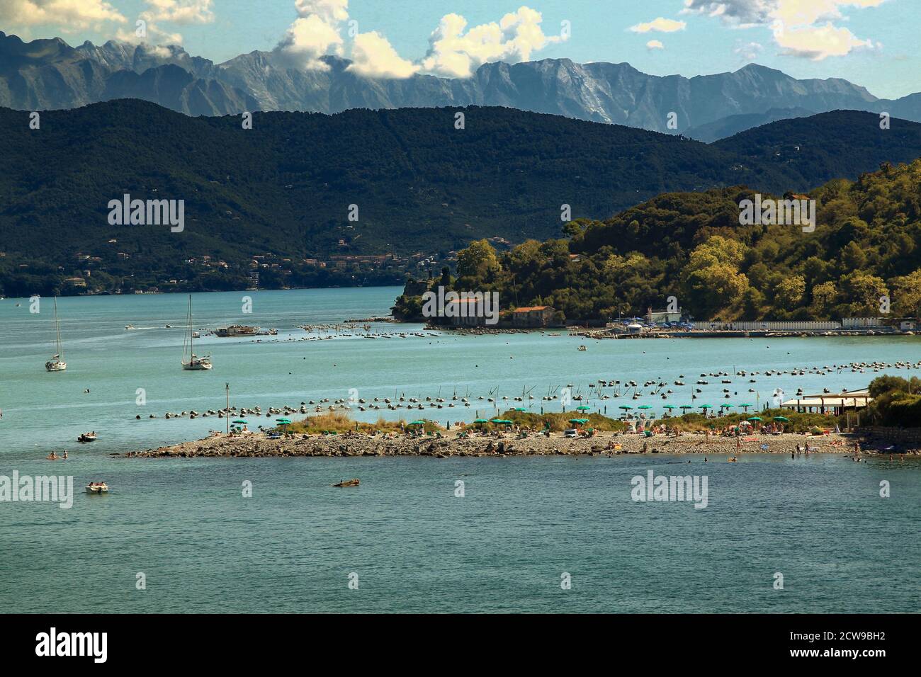 Ligurian coast with mussel farm, Italy Stock Photo - Alamy