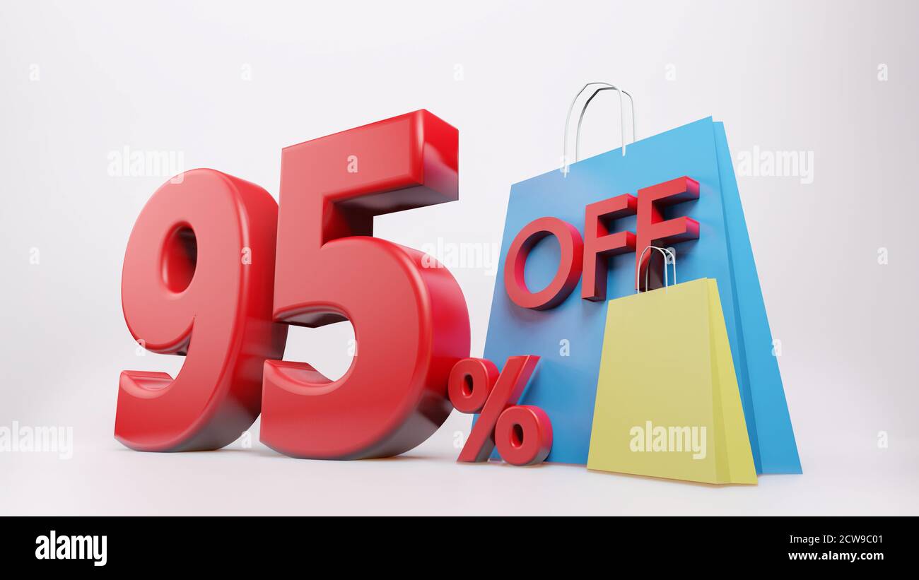 95% symbol with shopping bag , 3D render isolated background Stock ...
