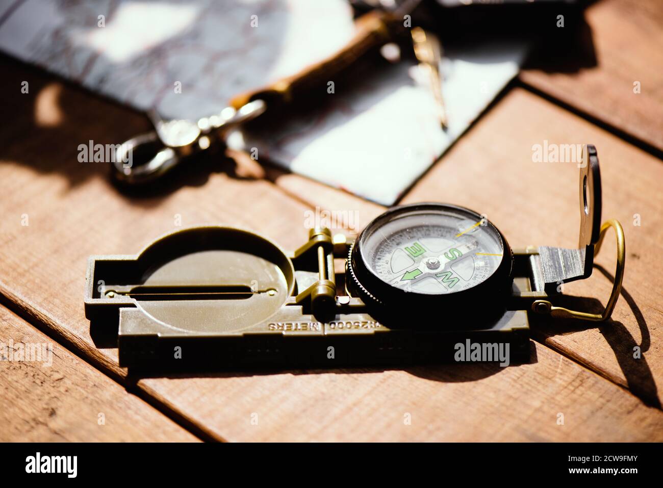 closeup military style of compass for military or camping Stock Photo ...
