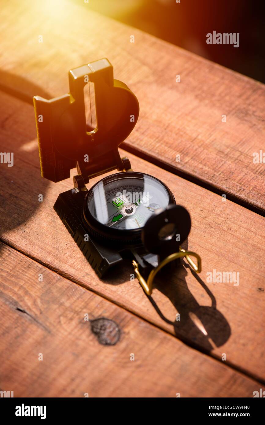 closeup military style of compass for military or camping Stock Photo ...