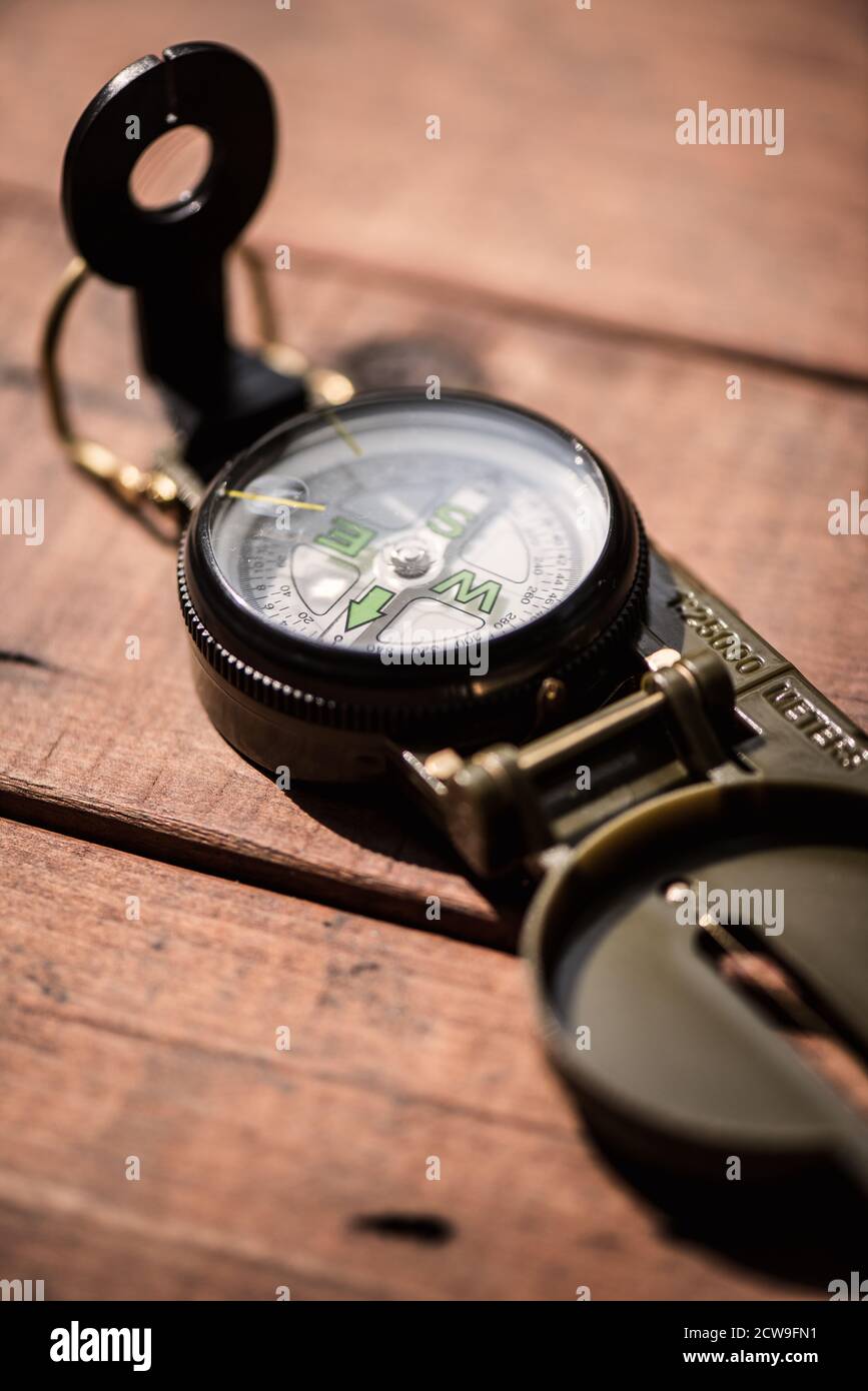 closeup military style of compass for military or camping Stock Photo ...