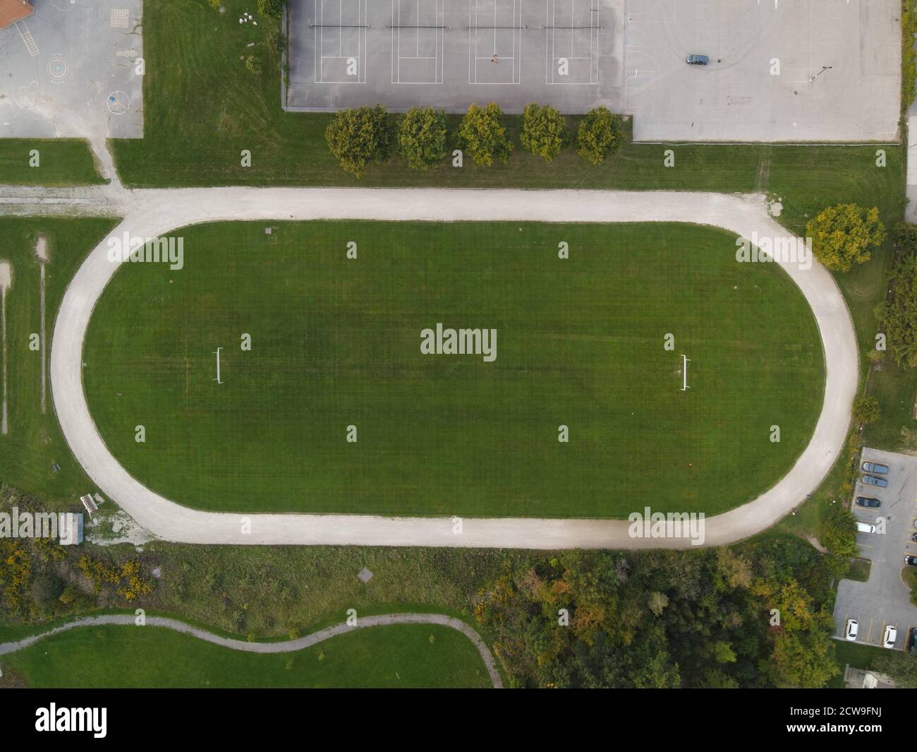 High school Football, soccer Field with gravel track around - Aerial ...