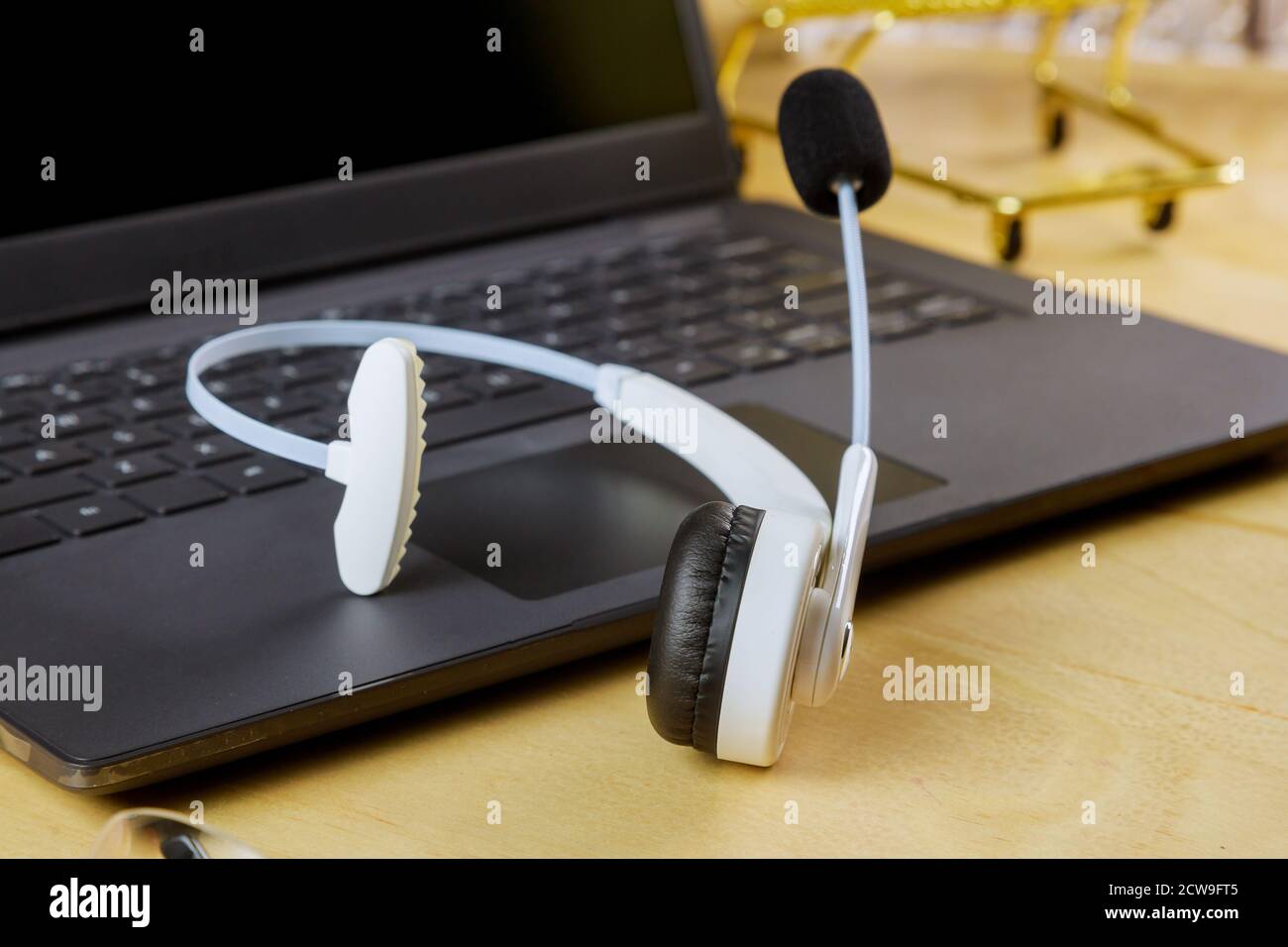 Customer support customer service help, office desk with headset call ...
