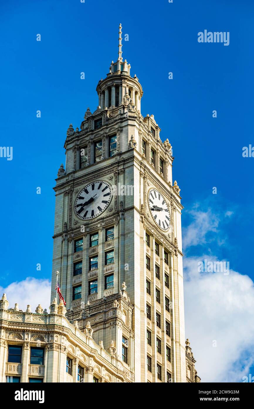 Wrigley Building Clock Tower scenic Chicago landmark close up Stock ...