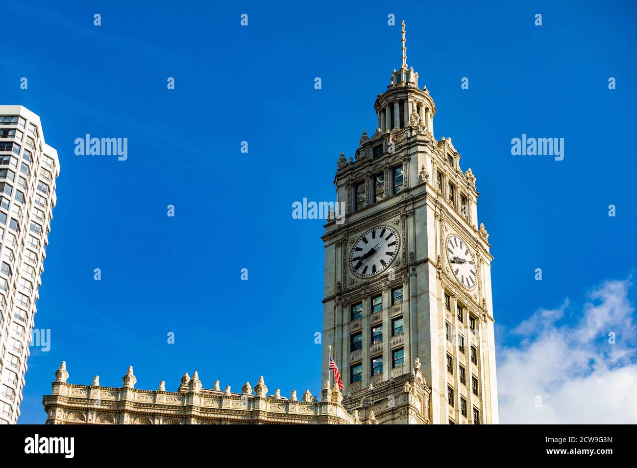 Wrigley Building Clock Tower scenic Chicago landmark close up Stock ...
