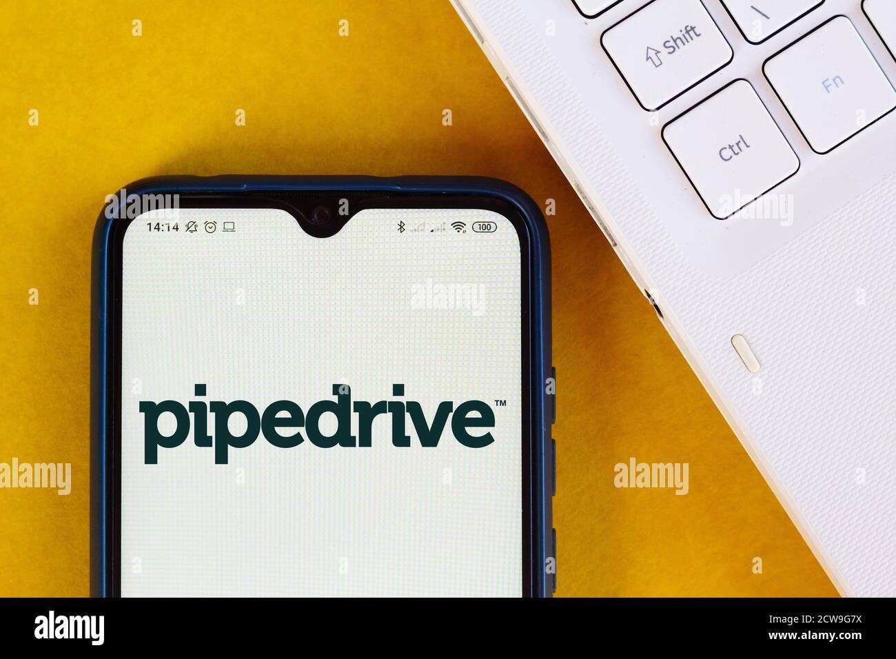 In this photo illustration the Pipedrive logo seen displayed on a ...