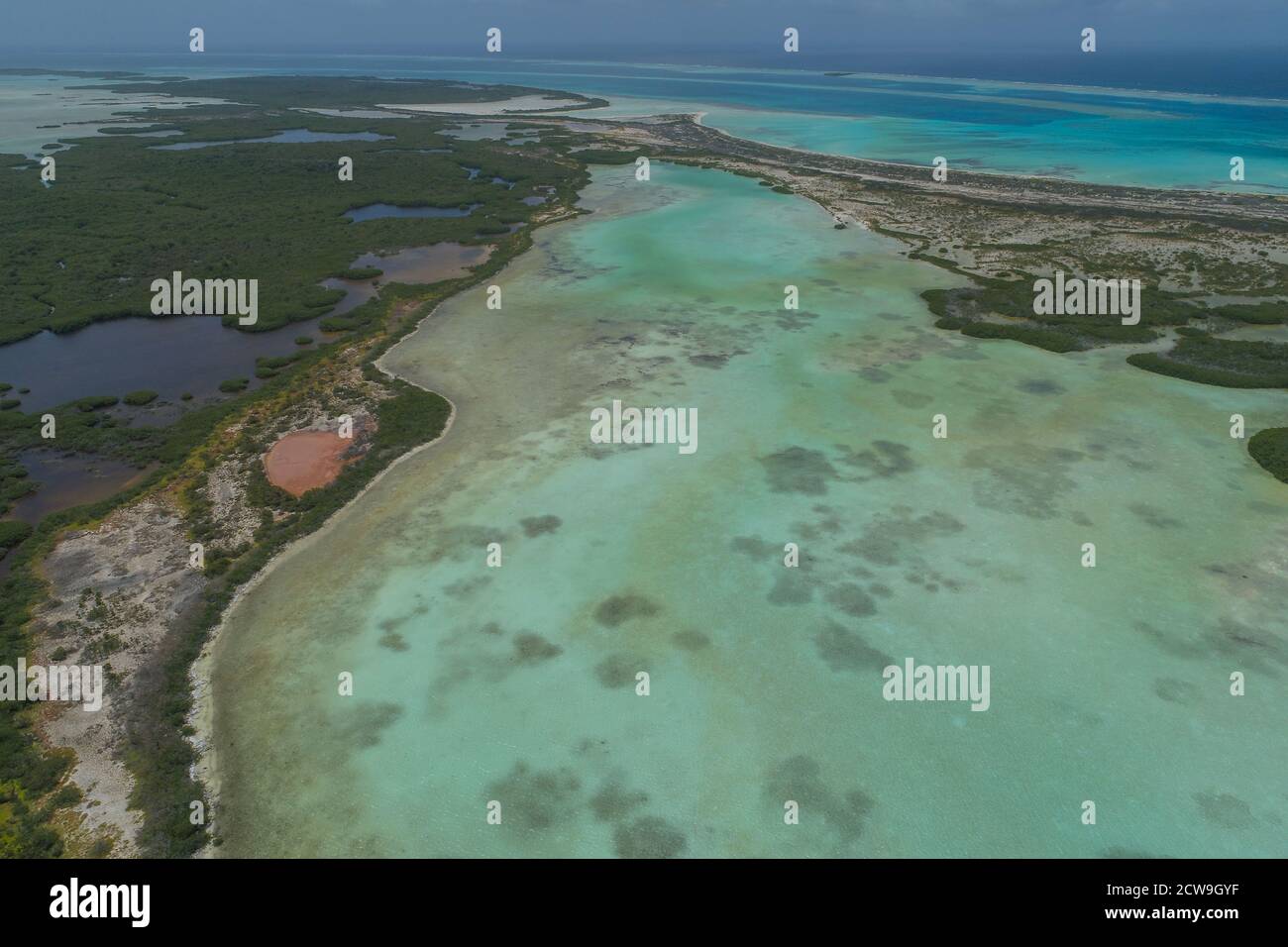 Aerial view of Caribbean island in Los Roques National Park in ...