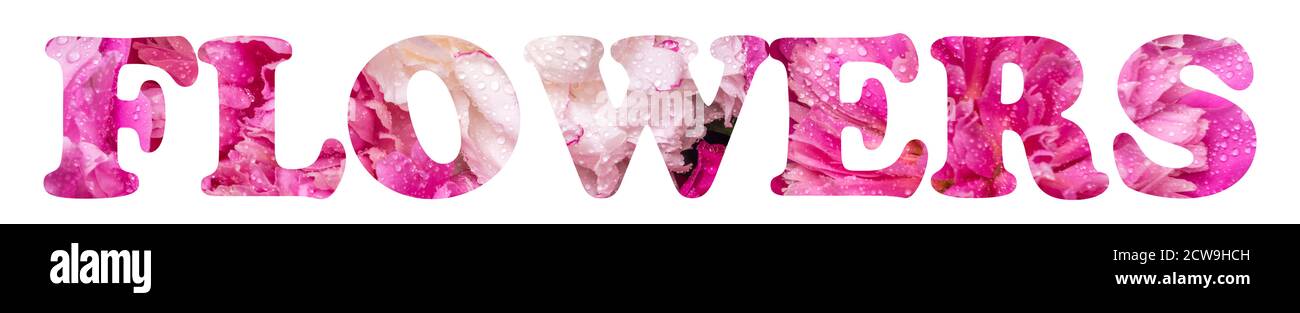 The word "Flowers" from peony flower texture isolated on white. A ...