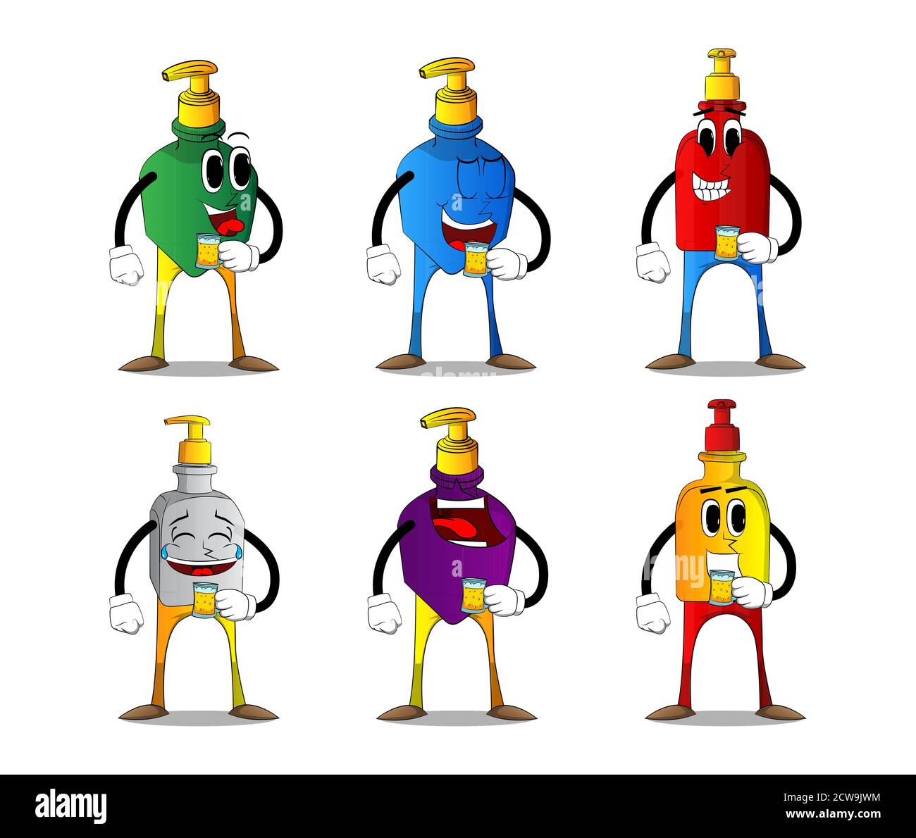 Cartoon bottle of hand sanitizer gel for hygiene with face drinking ...