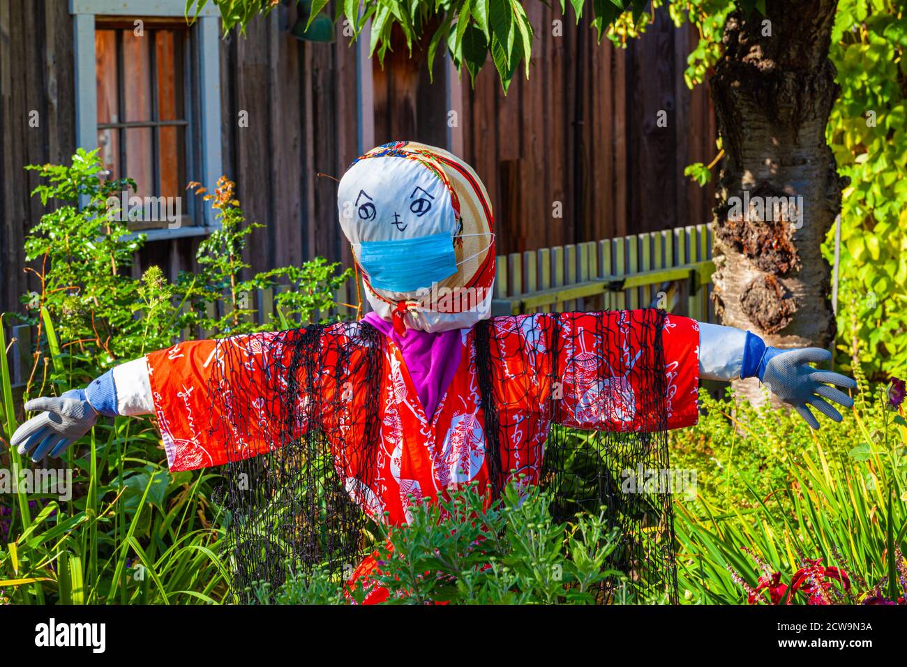 Halloween scarecrow dressed in a Japanese kimono with a face mask in ...